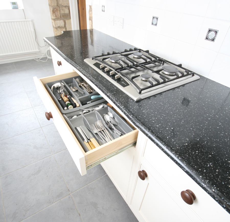 Under Hob Drawer detail on Hand-painted Bespoke Fitted Galley Kitchen ...