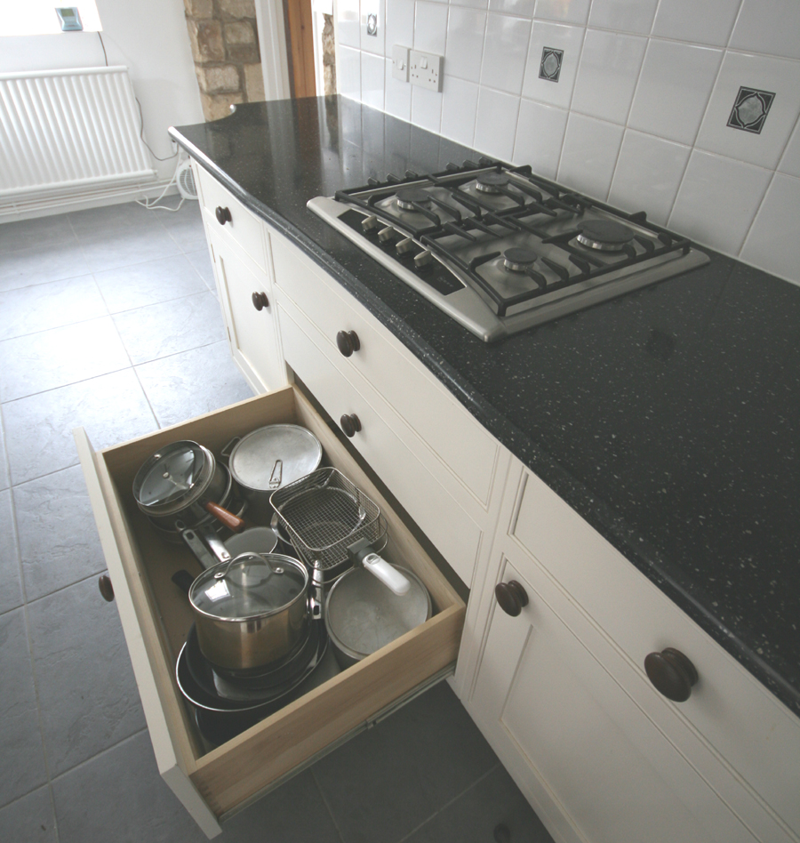 Pan Drawer detail on Hand-painted Bespoke Fitted Galley Kitchen, Bath ...